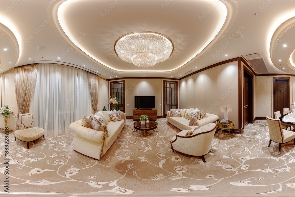 HDRI panorama of VIP guest room with sofa armchairs and TV in ...
