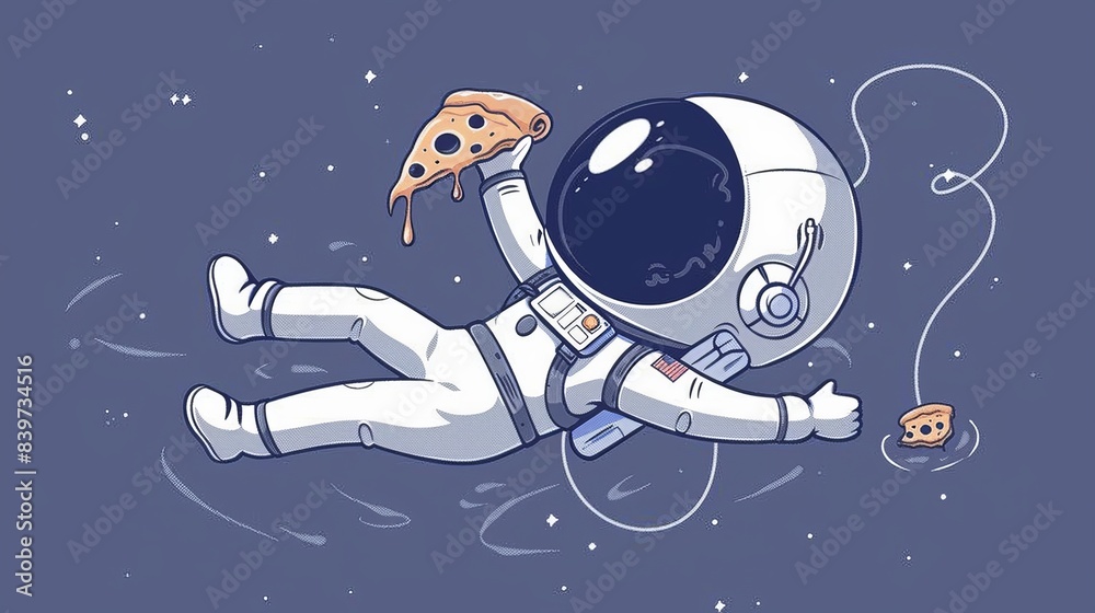 Cute chibi spaceman floating in space trying to catch a slice of pizza ...