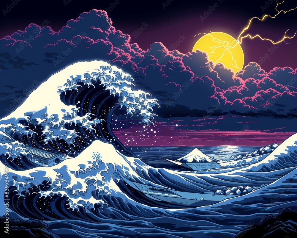 Dramatic Ocean Waves under Full Moon with Lightning and Mountain ...