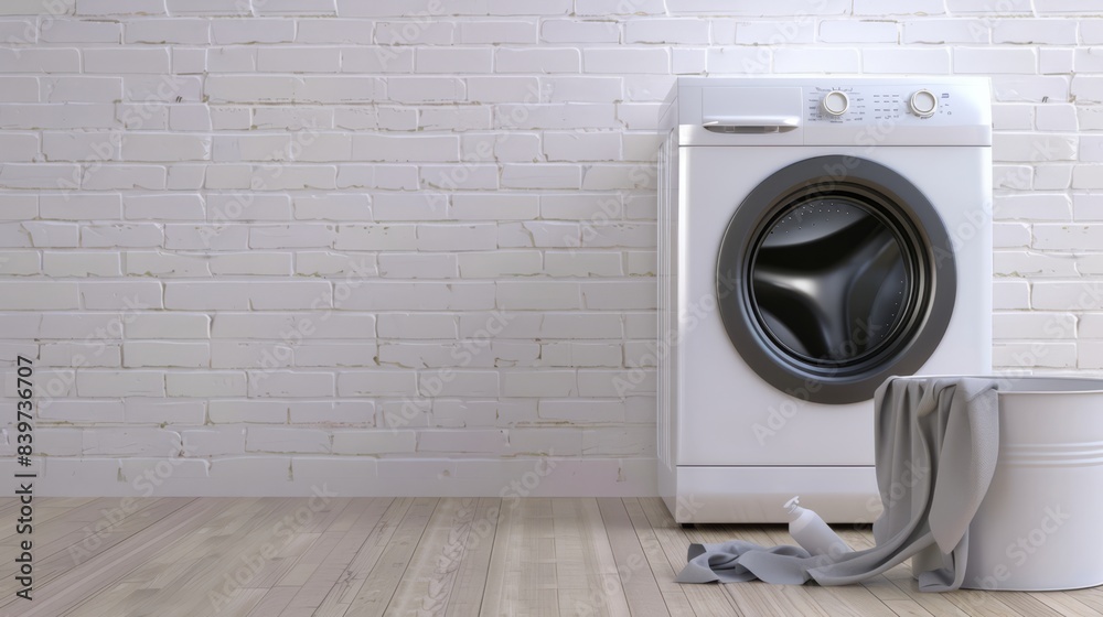 Realistic washing machine in room with wooden floor in the background ...