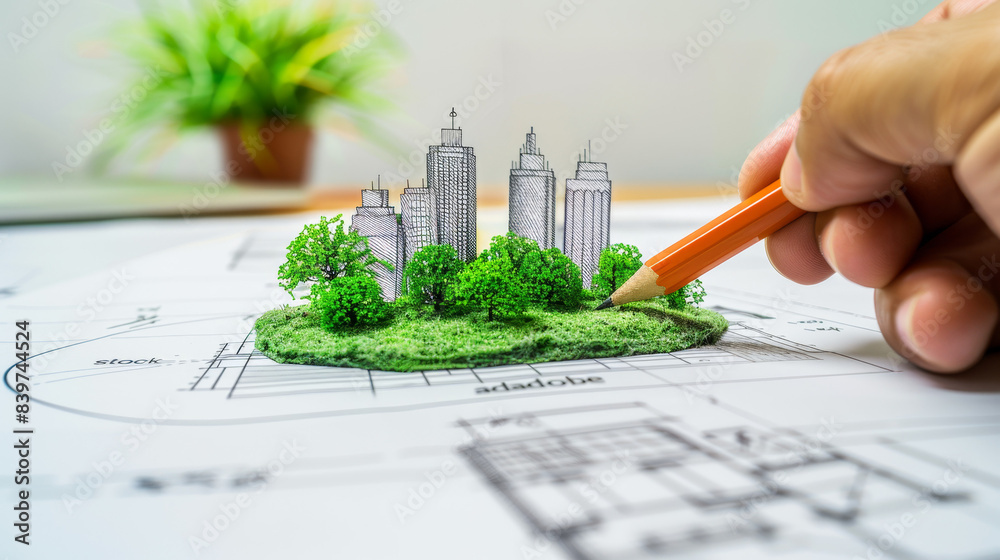 Eco environmental concept, hand holding pencil drawing green building ...