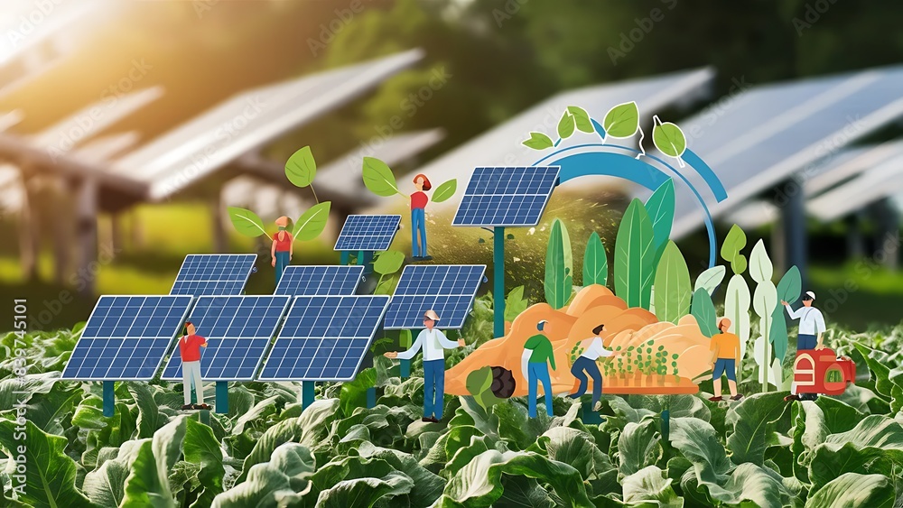 Sustainable development with solar-powered farm and 2D illustrated ...