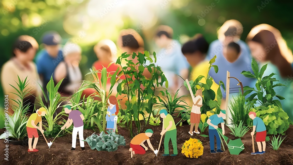 Sustainable development with community garden and 2D illustrated people ...