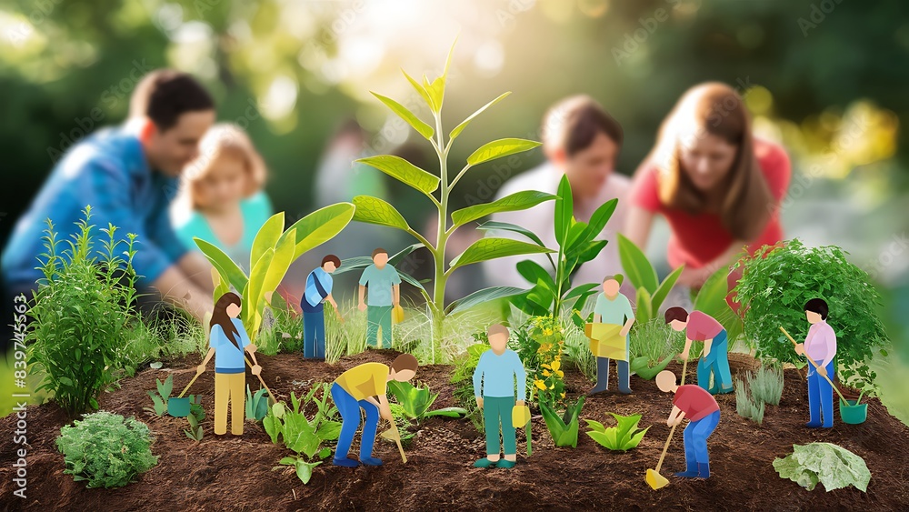 Sustainable development with community garden and 2D illustrated people ...
