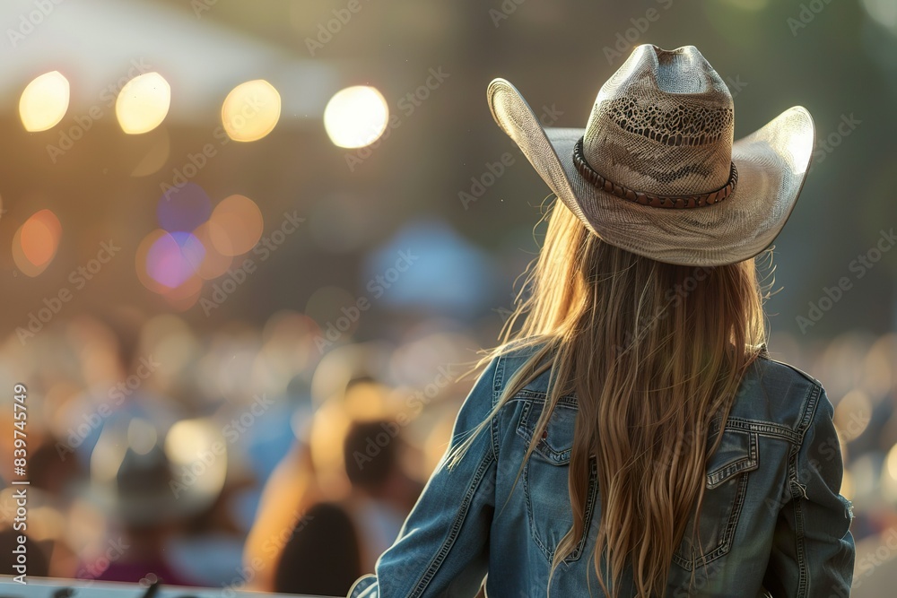 Back view of a young american woman fan of country music attending a ...