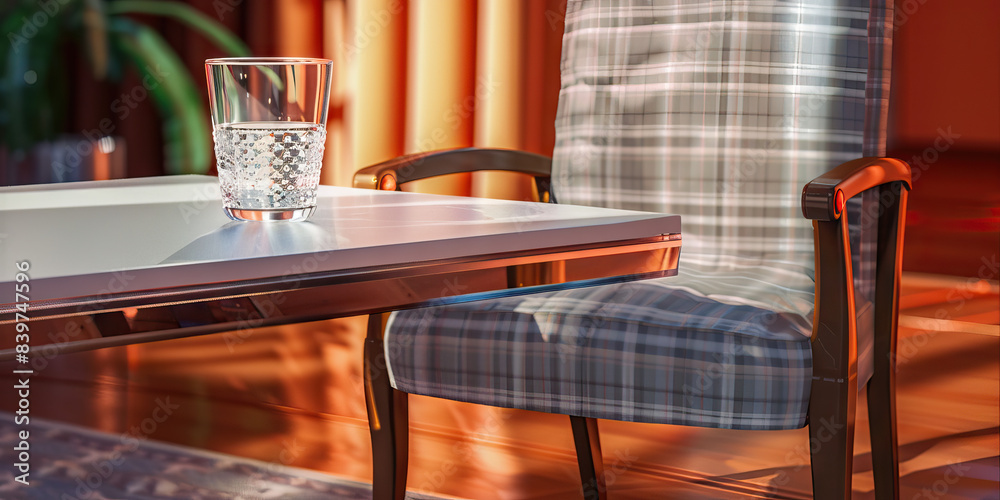 Talk Show Guest Desk: A simple desk with a chair and water glass, set ...