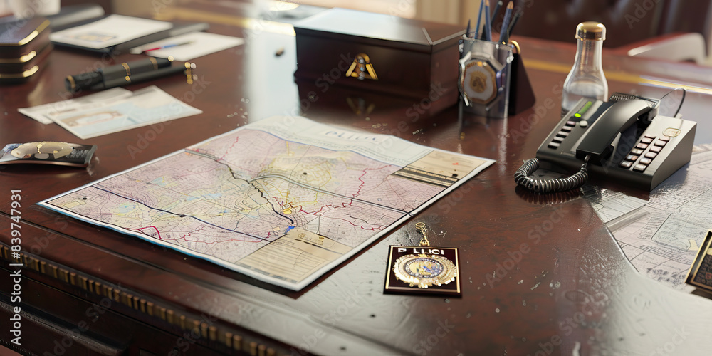Police Chief's Desk: A large and imposing desk with a badge, police ...