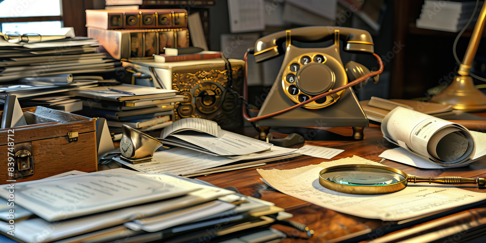 Detective's Desk: A cluttered desk with case files, a magnifying glass ...