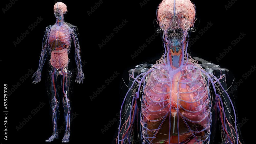 Human anatomy, internal organs and bones, loop animation, respiratory ...