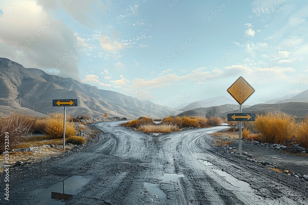 Surreal landscape with a split road and signpost arrows showing two ...