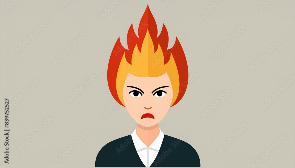 Simple cartoon angry mad emoji, a woman with fire hair and upset face ...