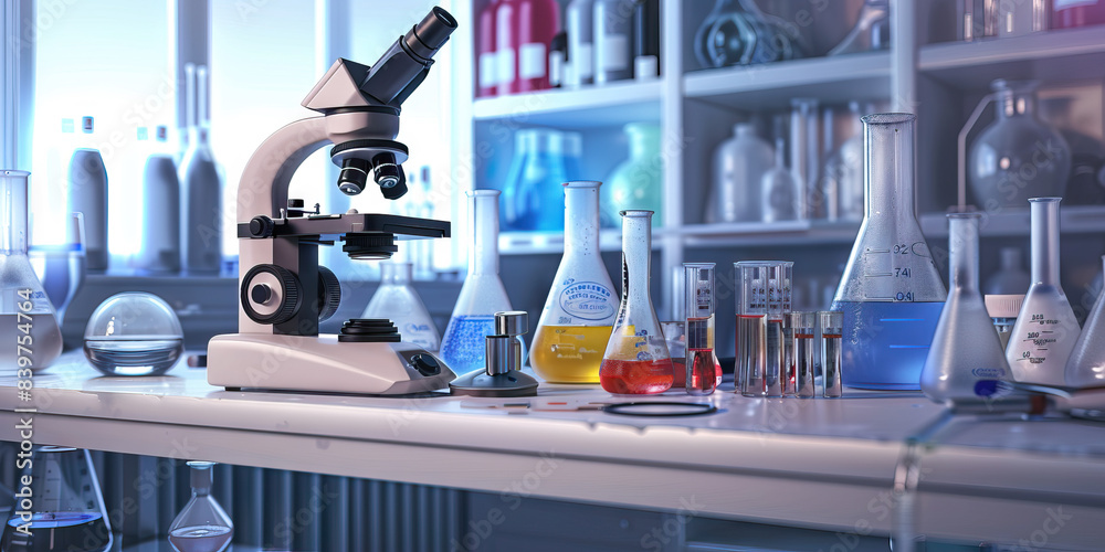 Scientific Researcher's Lab: Organized workbench with beakers ...