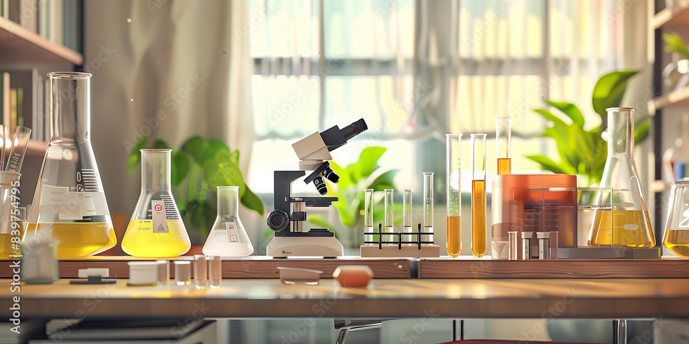 Scientific Researcher's Lab: Organized workbench with beakers ...