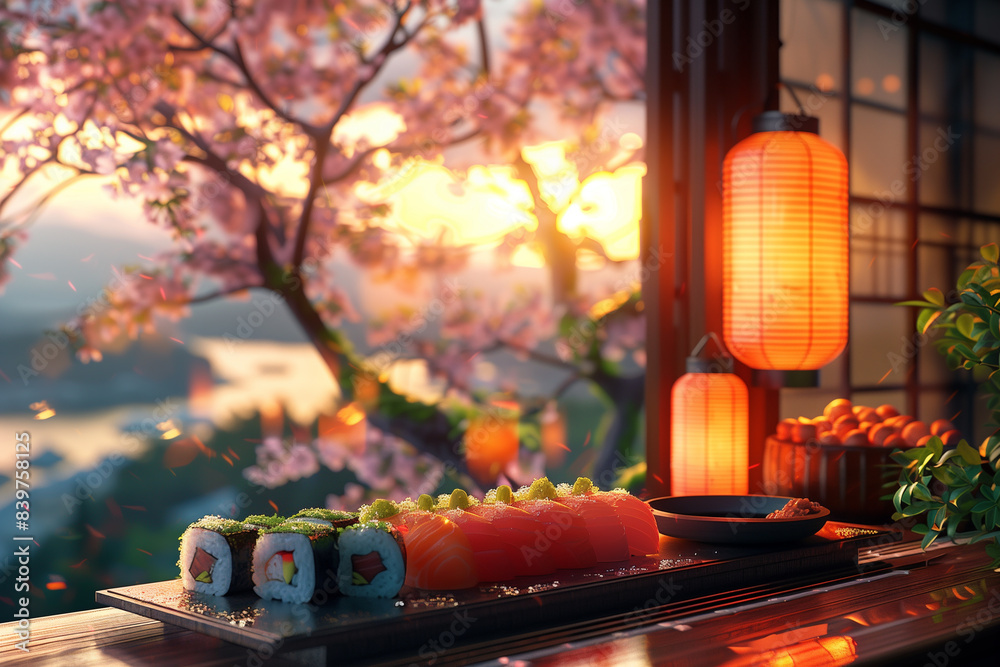 Vibrantly colored sushi selection paired with chilled sake enhanced by ...
