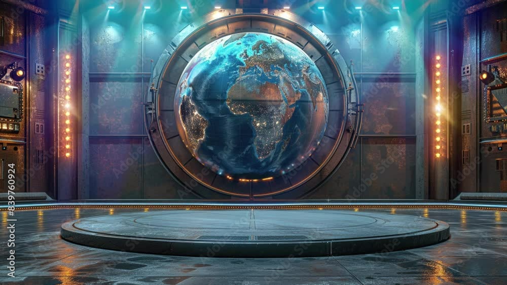 Immersive 3D virtual TV studio news set featuring dynamic worldwide ...