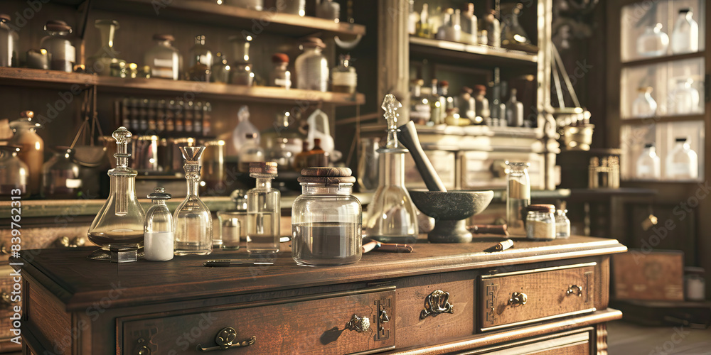 Vintage Apothecary Shop: An antique desk in an old-fashioned apothecary ...
