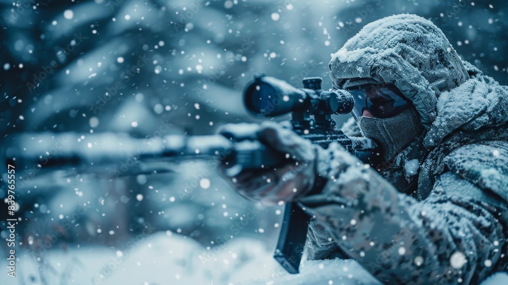 Soldier in snow-covered gear is aiming a sniper rifle with scope in a ...
