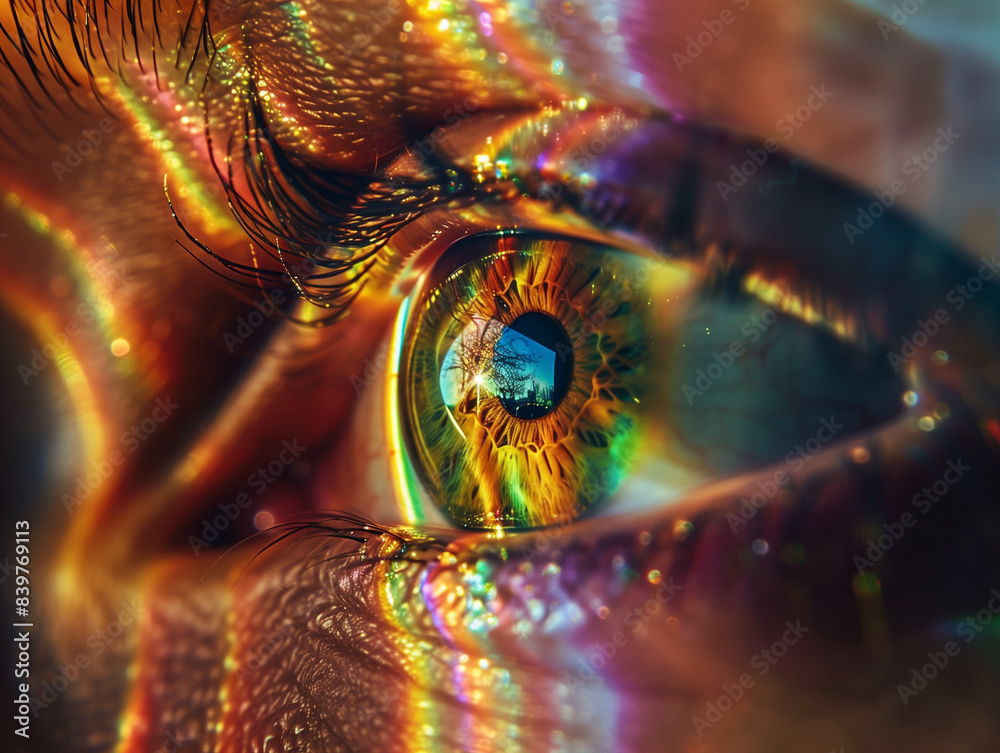 Human multicolored iris of the eye animation concept. Rainbow lines ...