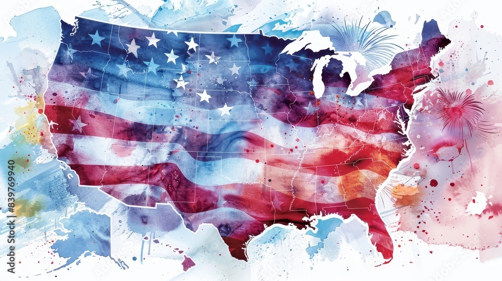 Colorful watercolor painting of the USA map with American flag overlay ...