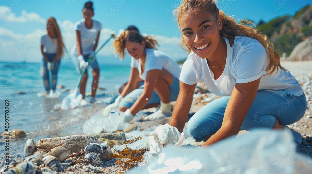 diverse group of volunteers cleaning a beach, embodying the principles ...