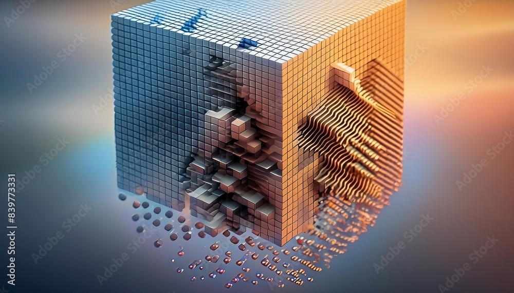 An abstract 3D grid structure with floating particles, illuminated by ...