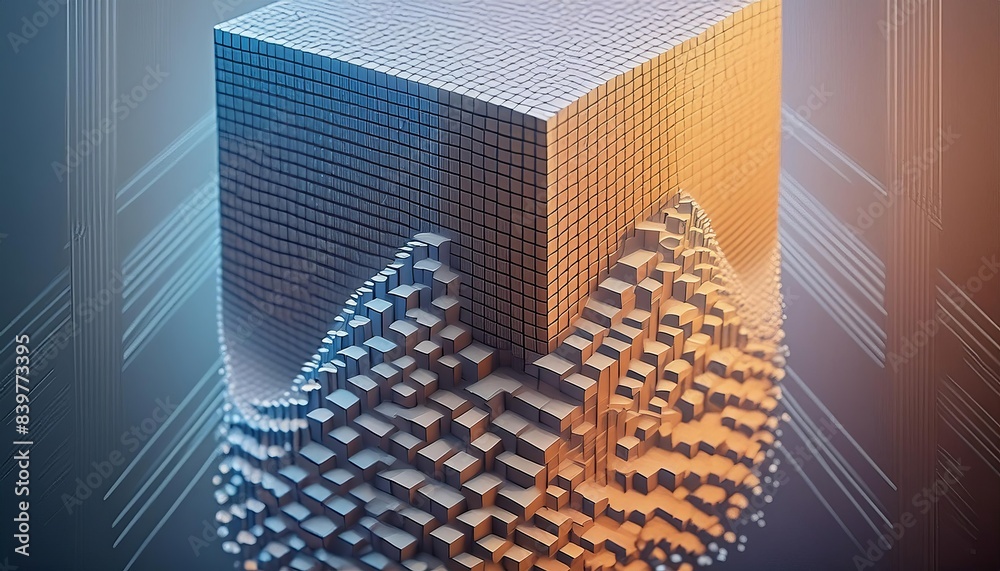 An abstract 3D grid structure with floating particles, illuminated by ...