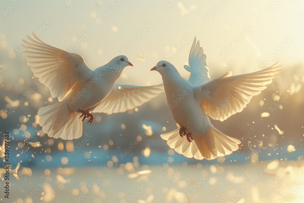 A couple releasing doves into the sky. Concept of peace and new ...
