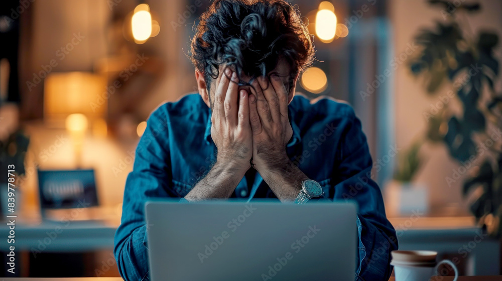 Sad Man in Blue Shirt with Hands on Face Working at Laptop in Office ...
