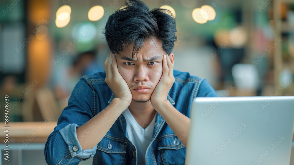 ภาพประกอบสต็อก Sad Man in Blue Shirt with Hands on Face Working at ...