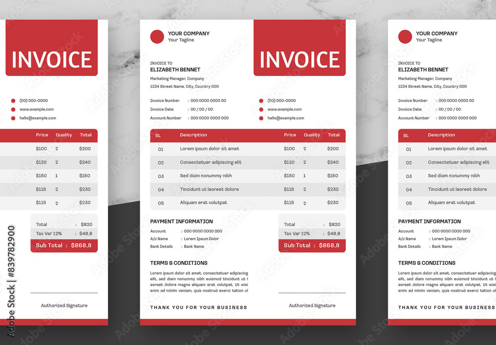 Red and White Corporate Invoice Stock Template | Adobe Stock