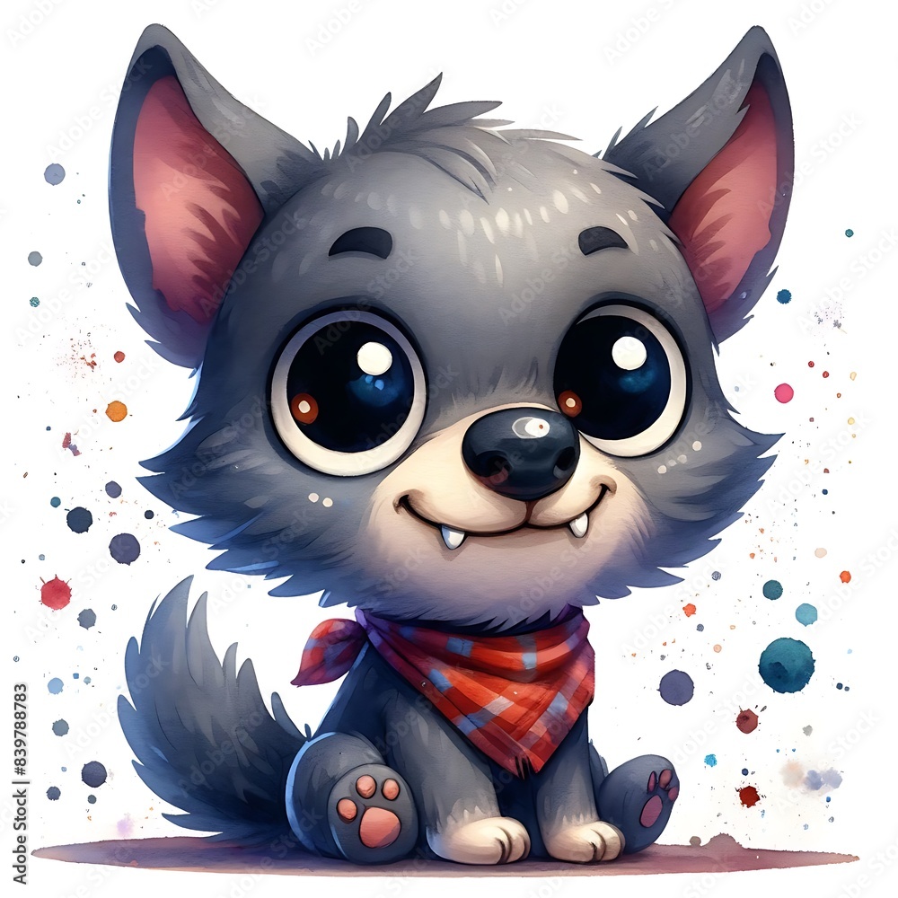 Watercolor cute wolf, cartoon illustration Stock Illustration | Adobe Stock