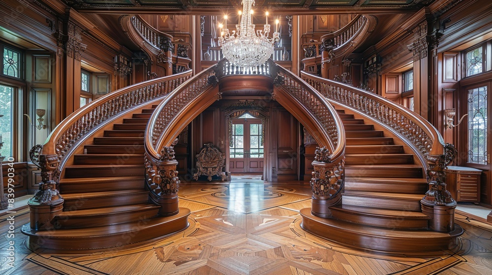 Front view of a dual staircase converging at a grand landing, adorned ...