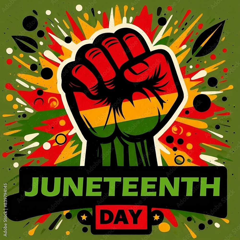 Juneteenth Day. Fist and Splashed red green yellow and black Colors for ...