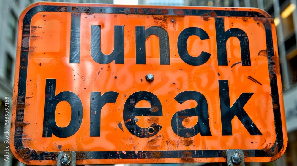 Bright orange lunch break sign with black text in an urban setting ...