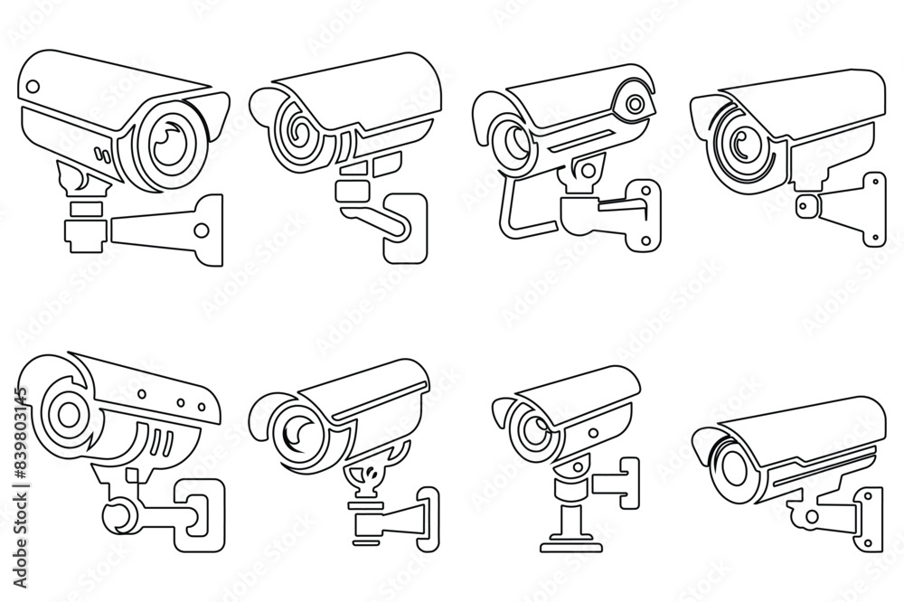 Vetor de Set of Security Camera Outline Vector Illustrations for ...