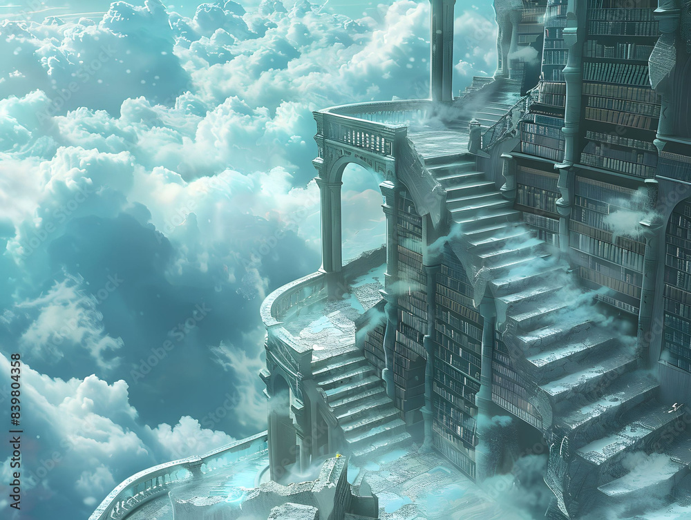 ethereal library with staircase leading up to glowing bookshelves Stock ...
