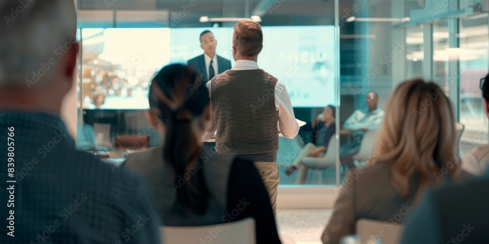 Confident adult man giving a business presentation to colleagues in a ...