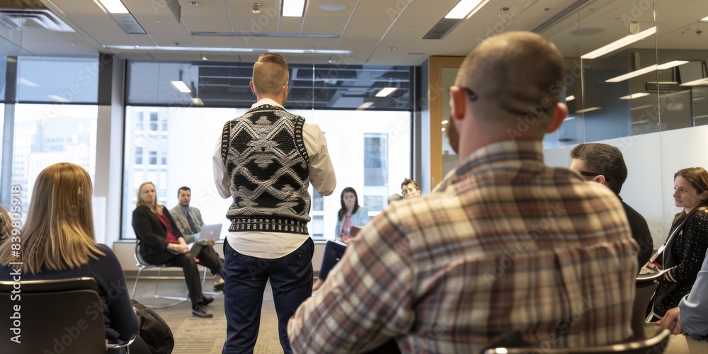 Confident adult man giving a business presentation to colleagues in a ...
