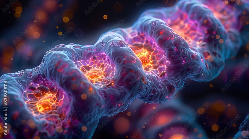 Chain of Bioluminescent Cells Under Microscope. Microscopic view of ...