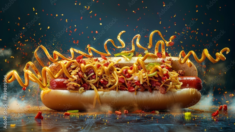 Mouth-watering gourmet hot dog with toppings, garnished with mustard ...