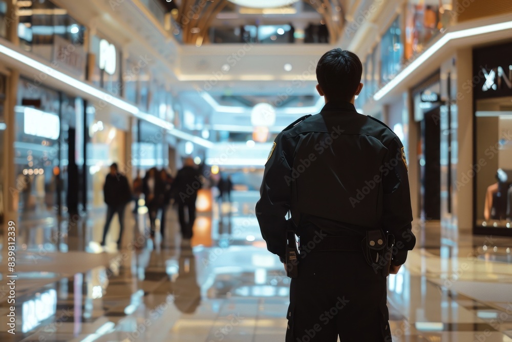 Security guard standing in a brightly lit shopping mall. Indoor ...