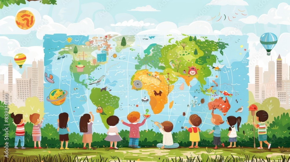 Cartoon vector children painting a mural depicting the ozone layer and ...