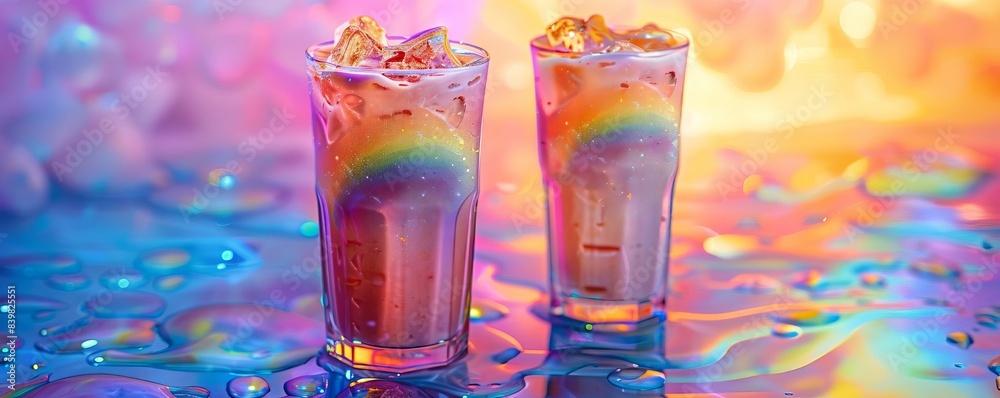 Rainbow smoothies with digital elements overlay, creating a futuristic ...