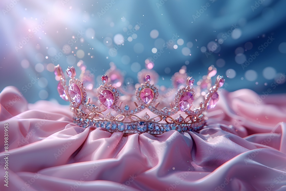 Foto de Corona con piedras color rosa sobre una tela de seda suave rosa ...