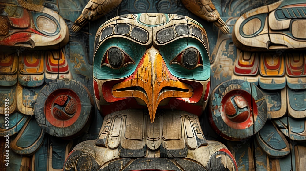 Detailed sketch of a Native American totem pole, rich colors and ...