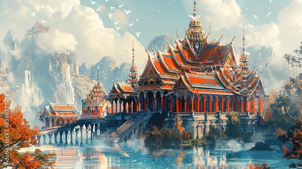 Detailed sketch of a traditional Thai temple, rich colors and intricate ...
