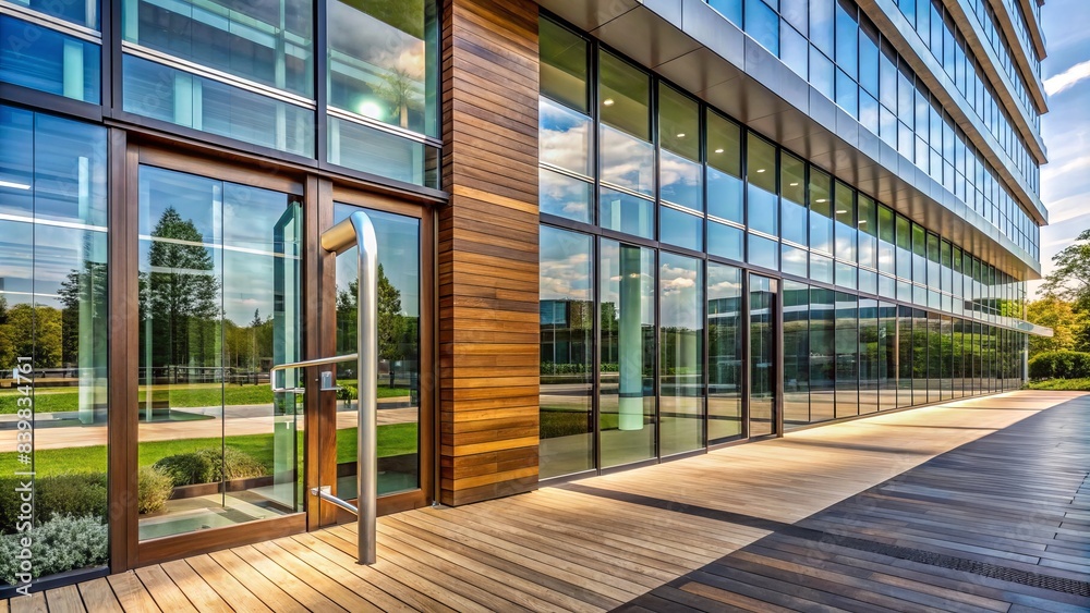 Modern corporate office building exterior with large glass wall, wooden ...
