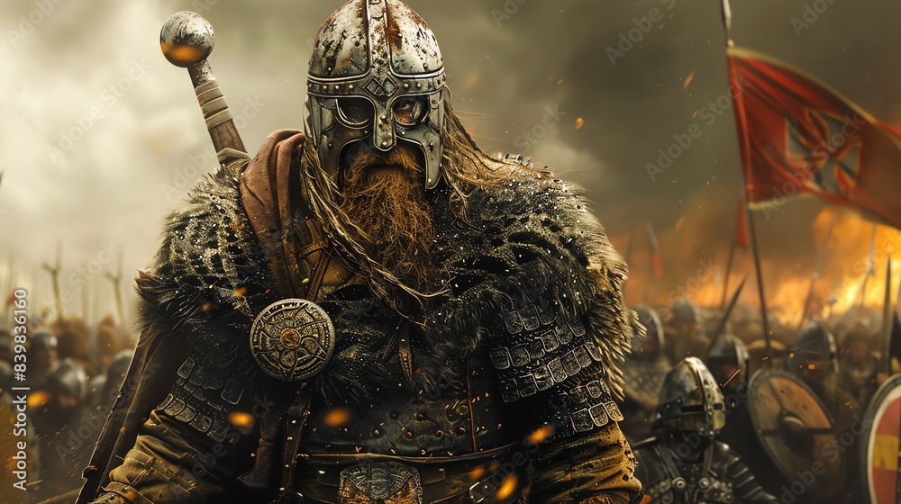 Artistic depiction of a Viking warrior in battle, detailed armor and ...