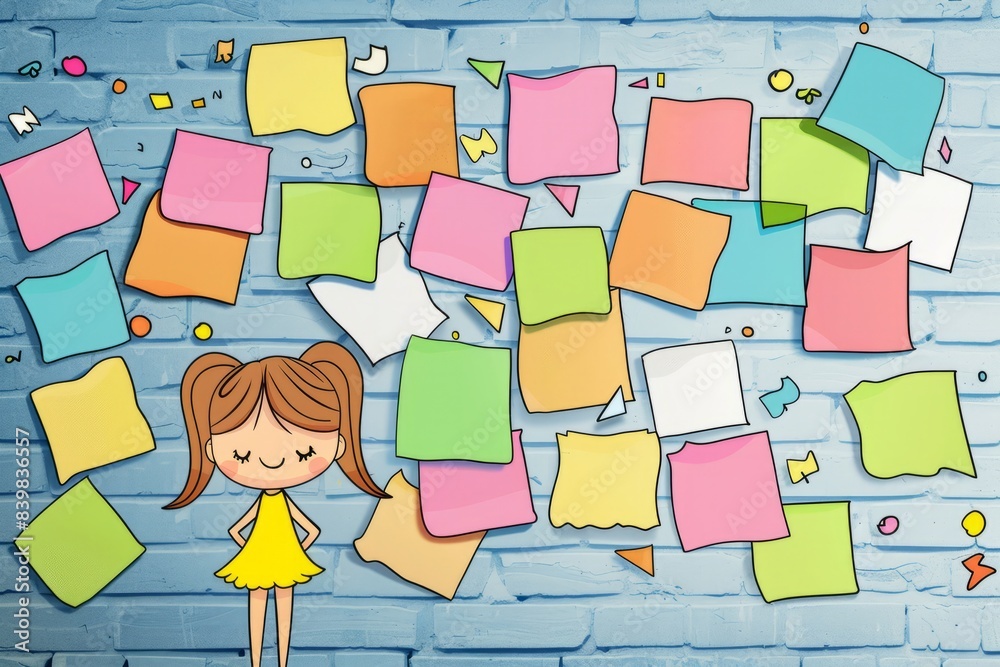 Cartoon cute doodles of a student brainstorming ideas with colorful ...
