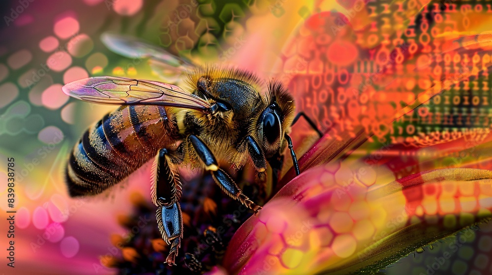 Bee pollinating a vivid flower with faint digital waveforms overlaying ...